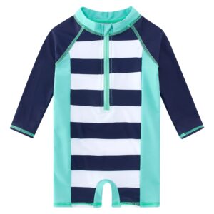 funnycokid baby boys swimsuit 12-18 months toddler rash guard one piece upf 50+ swimwear green striped long sleeve swim shirt