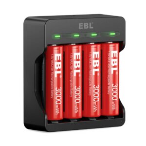 ebl 4 pack 1.5v rechargeable lithium aa batteries with usb input charger, 3000mwh li-ion aa batteries long lasting double a battery