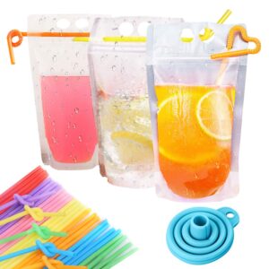 125pcs drink pouches for adults with individual package straws reclosable zipper smoothie bags juice pouches heavy duty hand-held cold & hot drinks，bpa & phthalate free - funnel included