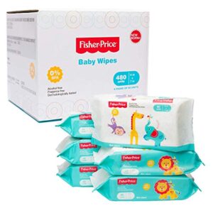 fisher price baby wipes unscented, hypoallergenic, water baby diaper wipes for newborn and sensitive skin - resealable top - 80 count (pack of 6) - 480 wipes