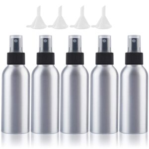 empty spray bottles travel size 100ml/3.4oz 5 pack small spray bottle aluminum metal fine mist refillable atomizer set with lids for liquids skincare cosmetic perfume storage, with 4pcs small funnels