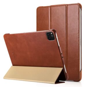 icarer ipad pro 11" (2021/2020) leather case, handcraft vintage genuine leather smart wake up/ sleep tri-fold stand folio flip case cover - brown