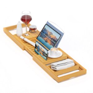 sen yi bao luxury bathtub caddy tray，bamboo bathtub tray caddy - wood bath tray expandable，can be placed book and integrated tablet smartphone and wine holder - gift idea for loved ones