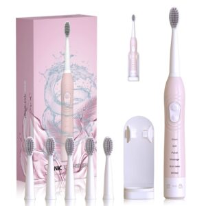 chain peak sonic electric toothbrush for men and women, rechargeable smart toothbrush with 6 modes, 6 brush heads, 40000vpm, with holder, pink and white