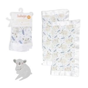 lulujo baby security lovey blankets| unisex softest breathable cotton muslin security blanket with silky satin trim| neutral comforting blanket for girls & boys | 16in by 16 in| koala