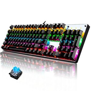 wired mechanical gaming keyboard blue switch 104 keys rgb rainbow led 9 backlight modes full anti-ghosting metal panel waterproof ergonomic key layout usb for gamers typists(black)