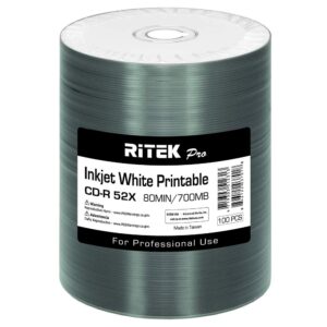 100 pack ritek pro (professional grade) cd-r 52x 700mb white inkjet hub printable blank media recordable disc