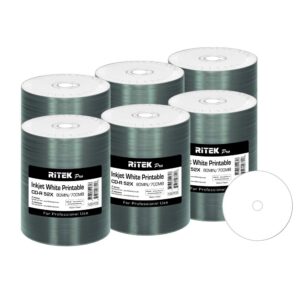 600 pack ritek pro (professional grade) cd-r 52x 700mb white inkjet hub printable blank media recordable disc