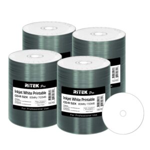 400 pack ritek pro (professional grade) cd-r 52x 700mb white inkjet hub printable blank media recordable disc