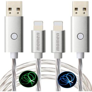 momen led charger cable, 2 pack 10ft lightning cable mfi certified data sync cord compatible 13/12/11/xs max/xs/xr/x/8/7/plus/se/ipad,iphone charger cord blue & green