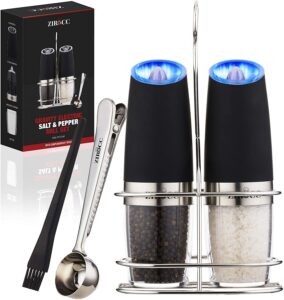 (2 pack) gravity electric salt and pepper grinder set battery operated one hand automatic operation, adjustable coarseness mill grinders shakers led light, kitchen gadgets gifts-black