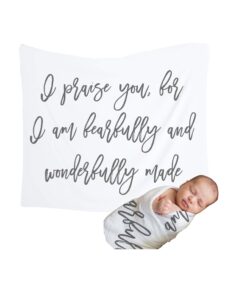 mama bee's homestead supply 100% organic cotton muslin "fearfully & wonderfully made” scripture - christening, baptism, rainbow baby blanket, child of god swaddle blanket - wall tapestry 47”x47"