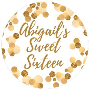 personalized white and gold sweet 16 birthday party favor stickers with name - custom envelope seals, bag stickers - 1.75 in. round - 40 labels