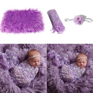 3 pcs newborn photography props outfits, fluffy baby posing photoshoot blanket + embroidered lace baby photo wrap + headband with flower set, infant toddler girls posing props