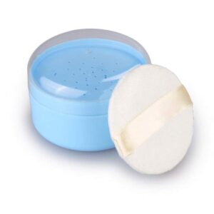 baby after-bath powder puff container jars empty refillable plastic soft face body powder box with sifter portable baby care kit case cosmestic makeup dispensor (blue)