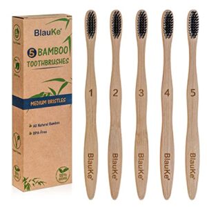 blauke bamboo toothbrushes medium bristles 5-pack – biodegradable, sustainable, natural, eco friendly – black charcoal wooden toothbrush set