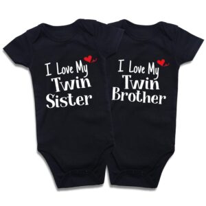 defahn newborn twins baby boy girl bodysuit, 2 pack funny letter printed rompers twin matching clothes outfits (2pcs i love my sis/bro, 0-3 months)