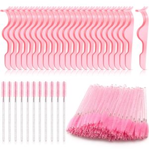 24 pieces plastic eyelash extension tweezers false eyelash applicator tool eyelash auxiliary clip and 100 pieces eyelash brush mascara wands applicator for eyelash application (pink)