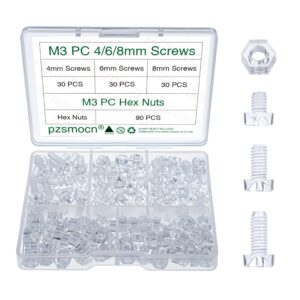 pzsmocn 180 pieces m3*4/6/8mm pc transparent plastic cross-recessed round head screws and hexagonal nuts kit, corrosion-resistant, for diy, model and electronic product fixation.