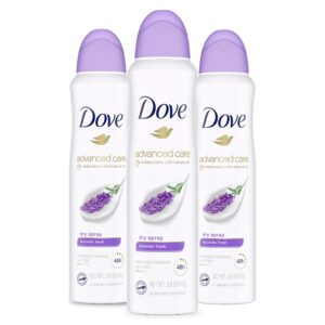 dove advanced care antiperspirant deodorant dry spray 48 hours of sweat and odor protection lavender fresh antiperspirant spray with ¼ moisturizers and 0% alcohol, 3.8 ounce (pack of 3)