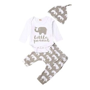 rarjuiey 3pcs newborn baby boy girl elephant outfits long sleeve little peanut romper bodysuit+pants+hat