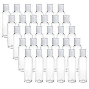 bekith 30 pack 4oz plastic squeeze bottles with disc top flip cap, clear refillable containers for shampoo, lotions, liquid body soap, creams