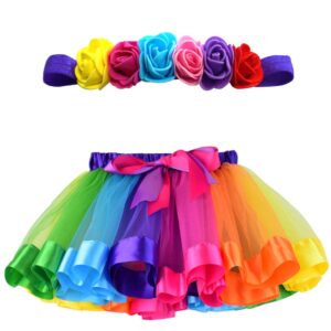 my-prettygs toddlers layered tulle rainbow tutu skirt with flower crown wreath headband for baby girls 0-24 months.(rainbow)