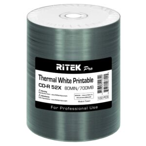 500 pack ritek pro (professional grade) cd-r 52x 700mb white thermal hub printable blank media recordable disc