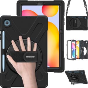 braecn for galaxy tab s6 lite case 2024/2020/2022,heavy duty rugged shockproof case with hand strap, shoulder strap, kickstand, s pen holder for samsung tab s6 lite 10.4 inch tablet sm-p610 -black