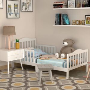 honey joy toddler bed frame, solid rubber wood frame w/safety guardrail, fits crib full size mattress (not included), children classic sleeping bedroom furniture for kids boys girls (white)