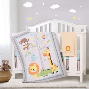 honkaii 4pcs crib bedding sets for boy, zoo baby bedding sets neutral with comforter fitted sheet crib skirt blanket, machine washable, suitable for 28 x 52 inch cribs,nursery bedding set (gray)