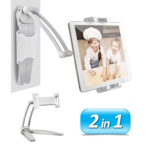 ayada kitchen cabinet tablet holder, 2 in 1 wall mount desktop stand for ipad 12.9 aluminum alloy metal adjustable multiangle foldable universal phone tablet bracket cooking table counter top (silver)