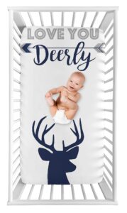 sweet jojo designs woodland deer boy fitted crib sheet baby or toddler bed nursery photo op - navy blue and white stag