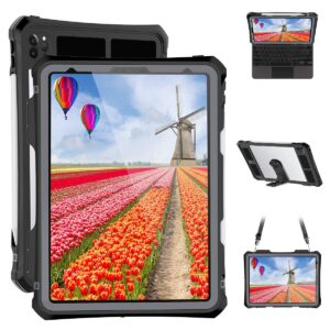 transy for ipad pro 11 case - black waterproof case for ipad pro 11 inch 2020 2021 2022 new clear full body protection bumper case shockproof dustproof with ring stand strap built in pen holder