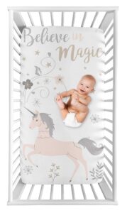 sweet jojo designs unicorn girl fitted crib sheet baby or toddler bed nursery photo op - blush pink, grey and gold flowers and stars