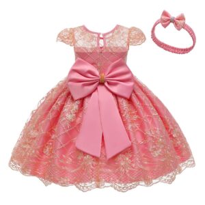 myrisam baby girls birthday wedding party dresses w/headwear princess embroidery bowknot dress christening baptism tutu gown pink 12-18m