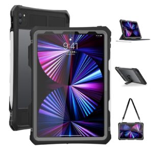 shellbox case new ipad pro 11 inch 2022&2021&2020 waterproof case, full-body heavy duty shockproof protective cover with kickstand built-in screen protector pencil holder shoulder strap