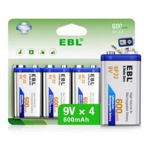 ebl 9v batteries, rechargeable 9v battery 600mah lithium 6f22 batteries for smoke detector, long lasting (4 pack)