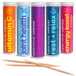 xero picks wellness - flavored toothpicks -100 picks-variety 5 pack-curcumin, glucosamine, huperzine, bacopa, b12, elderberry, vitamin c, zinc, b6, melatonin, theanine