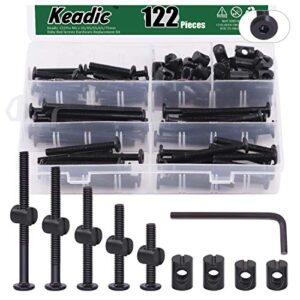 keadic 122pcs m6 x 35/45/55/65/75mm baby bed screws hardware replacement kit, black hex socket cap bolts barrel nuts assortment kit for furniture cots beds crib, 1 hex key and plastic box for free