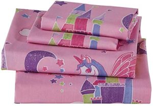 better home style pink girls/kids sheet set with unicorns castles and rainbows in magical lands includes pillowcase flat and fitted sheets # unicorn castle lavender (crib)