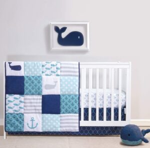 the peanutshell nautical themed crib bedding bundle | 5 piece set | 3 crib sheets, crib quilt, and crib skirt