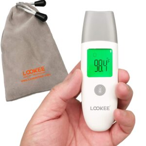 lookee petite infrared touchless forehead thermometer for adults and kids | baby thermometer with fever alarm | 3-in-1 no touch medical digital thermometer with memory of 35 readings | battery & pouch