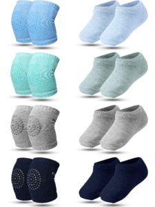 satinior 8 pairs crawling knee pad non-slip socks set knee protector toddler leg warmer unisex soft cotton socks for baby toddler (green, light gray, blue and dark blue), medium