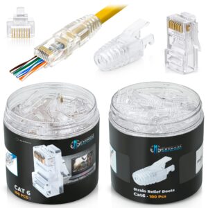 everest media solutions rj45 cat6 pass through connectors and strain relief boots - pack of 100/100 - ez to crimp modular plug for solid or stranded utp network cable - male ethernet connector end