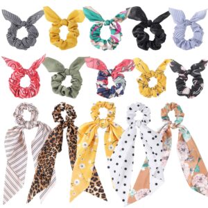 15 pcs chiffon floral ponytail holders with satin bows and scrunchies for women (color a)