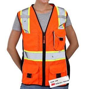 dib safety vest for women with pockets, mesh reflective vest high visibility, ansi class 2 made with 3m reflective tape, orange and black s