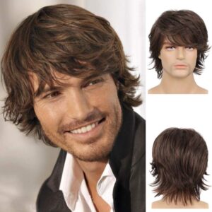 short brown wig for mens layered natural fluffy synthetic hair wig heat resistant halloween cosplay with wig cap