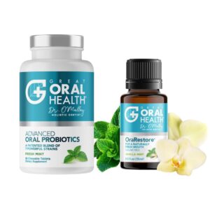 advanced bad breath treatment duo — the oral probiotics tablet & orarestore natural mouth & tooth concentrated oil — dentist formulated mint flavor