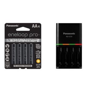 eneloop panasonic bk-3hcca4ba pro aa high capacity ni-mh pre-charged rechargeable batteries, 4 pack, black & bq-cc55ksbha advanced pro rechargeable battery 4 hour quick charger, black